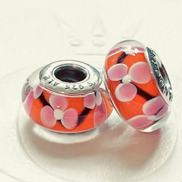 Pandora | Jewelry | Pandora Pair Of Orange With Pink Flowers Murano ...